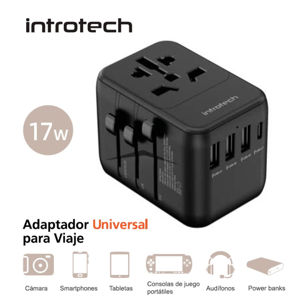 INTROTECH ADAPTADOR UNIVERSAL P/VIAJE C/ 3 USB + 1 USB-C 651FC BLACK | casaroyal.cl - Casa Royal